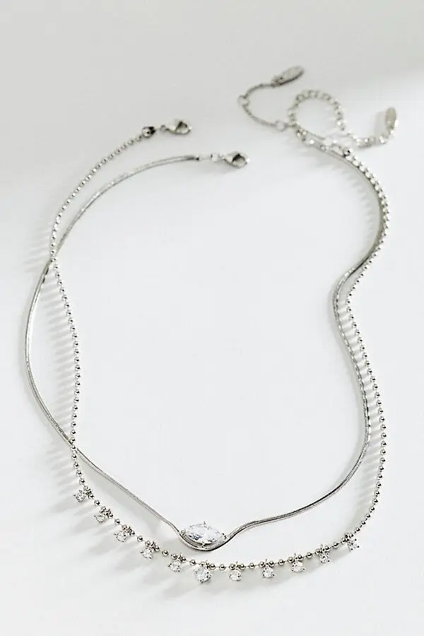 Anthropologie Mixed Crystal Layering Necklaces, Set Of 2 - Silver