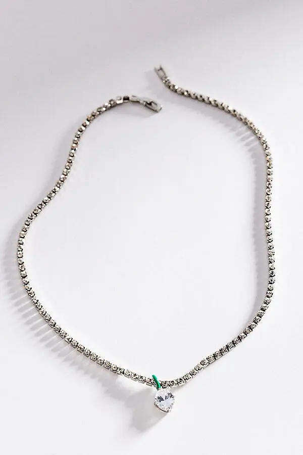 Anthropologie Crystal Pendant Necklace - Silver + Green