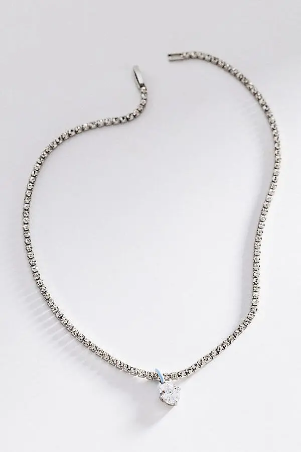 Anthropologie Crystal Pendant Necklace - Silver + Light Blue