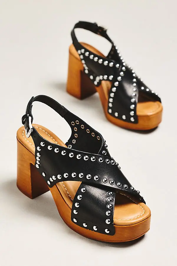 Anthropologie Studded Cross-strap Platform Heels - Black Leather