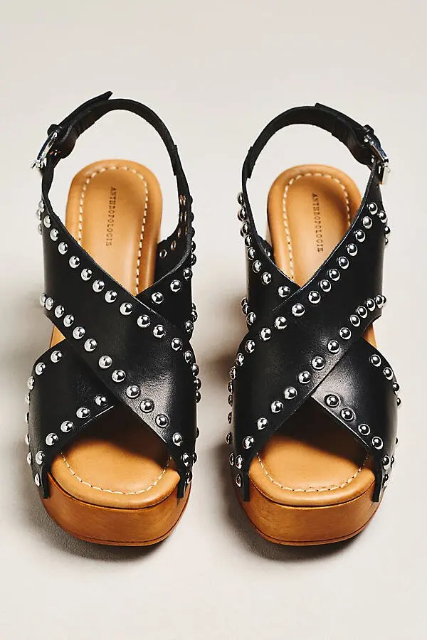 Anthropologie Studded Cross-strap Platform Heels - Black Leather