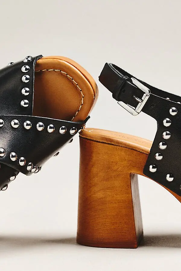 Anthropologie Studded Cross-strap Platform Heels - Black Leather