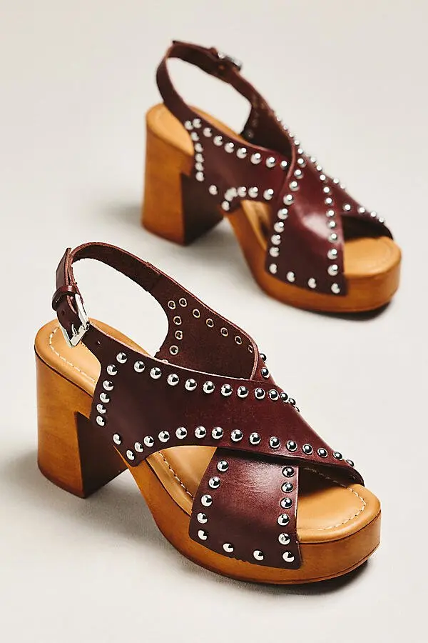 Anthropologie Studded Cross-strap Platform Heels - Dark Brown Leather