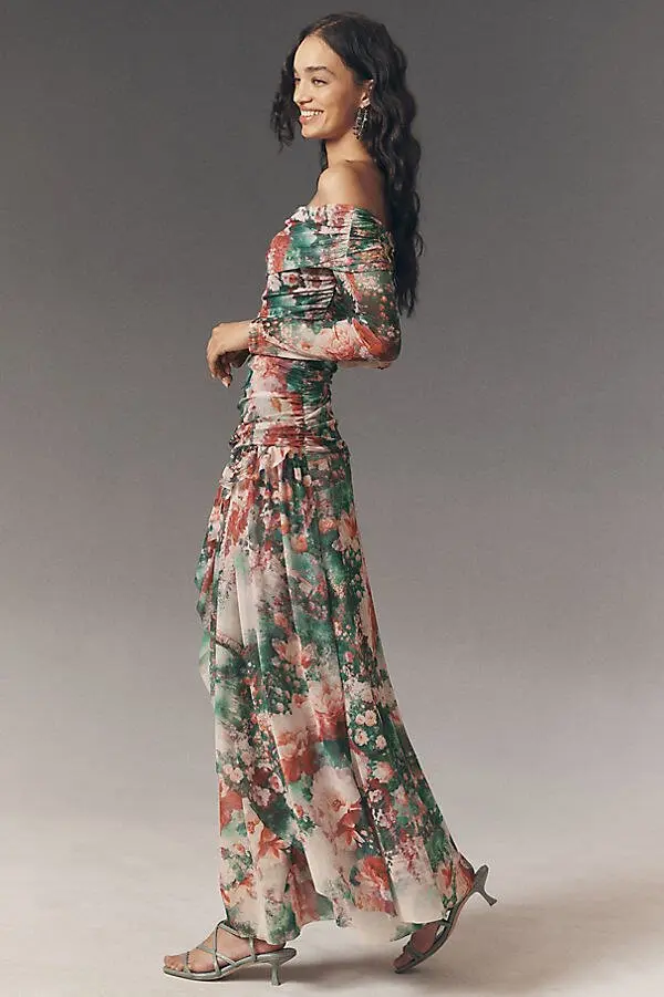 Bhldn Ivy Off-Shoulder Drop-Waist Stretch Mesh Maxi Dress - Green Floral |  Editorialist