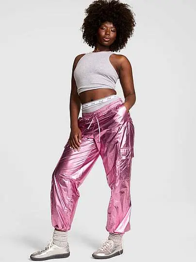Pink Metallic Barrel Cargo Pants - Pink