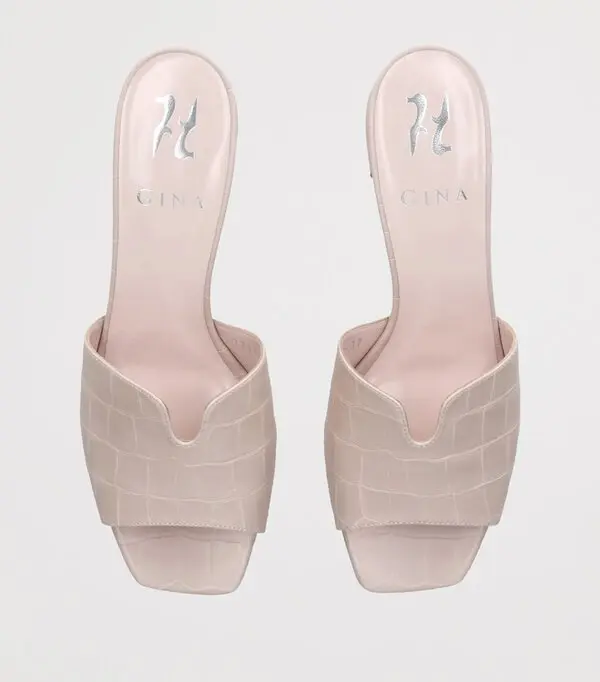 GINA Leather Croc-embossed Arles Mules - Beige