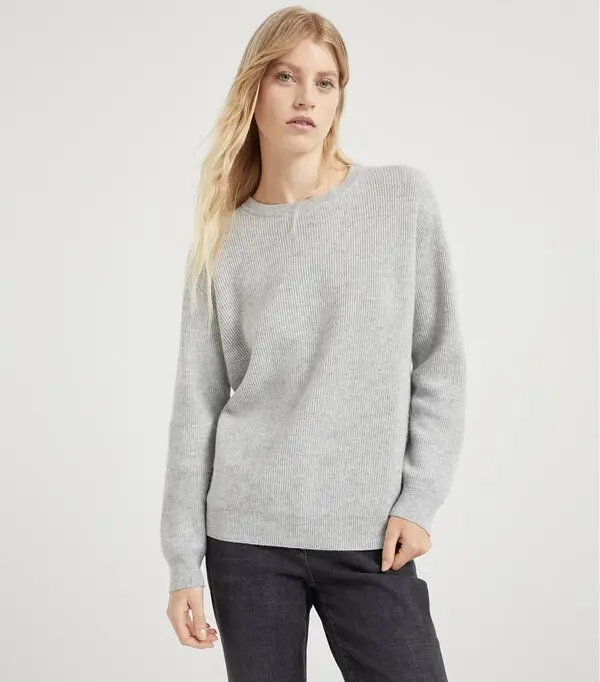 Brunello Cucinelli Cashmere Sweater With Monili Trim - Grey