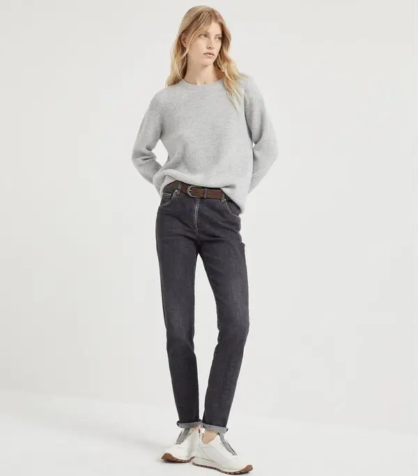 Brunello Cucinelli Cashmere Sweater With Monili Trim - Grey