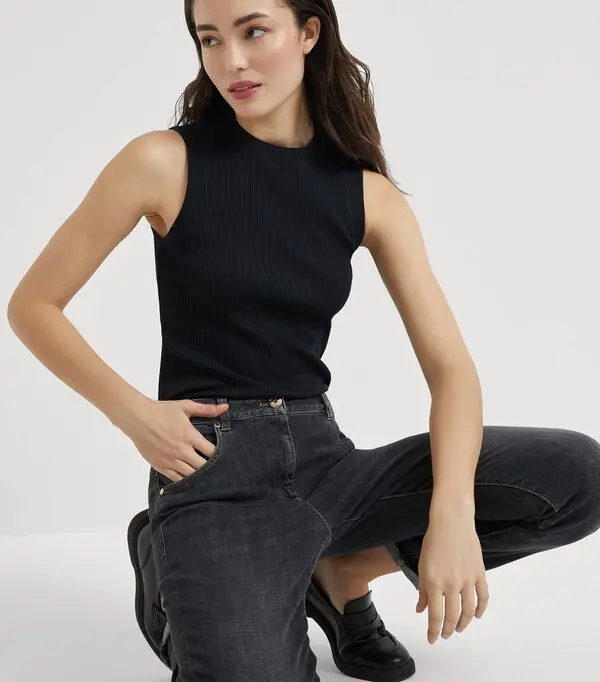 Brunello Cucinelli Cotton Ribbed Tank Top - Black