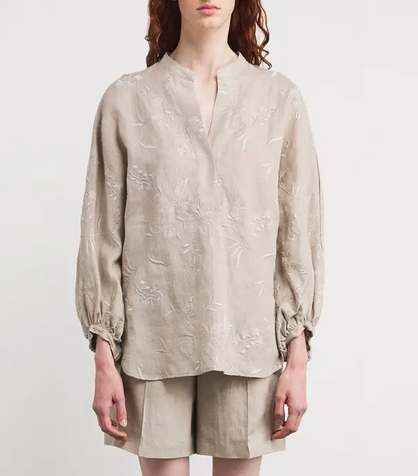 Eleventy Linen Floral-embroidered Blouse