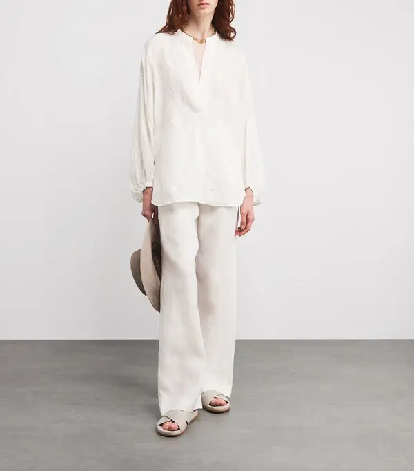 Eleventy Linen Floral-embroidered Blouse