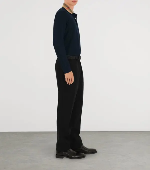 Burberry Cotton Check-collar Long-sleeve Polo Shirt - Navy