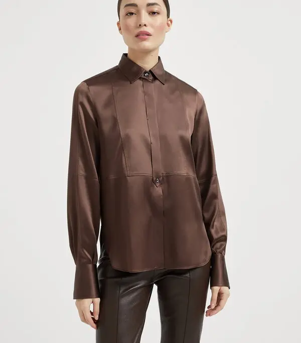Brunello Cucinelli Stretch-silk Satin Shirt - Brown