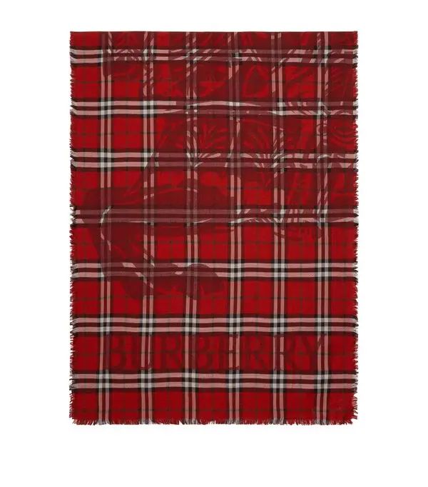Burberry Wool-silk Wide Ekd Check Scarf - Red