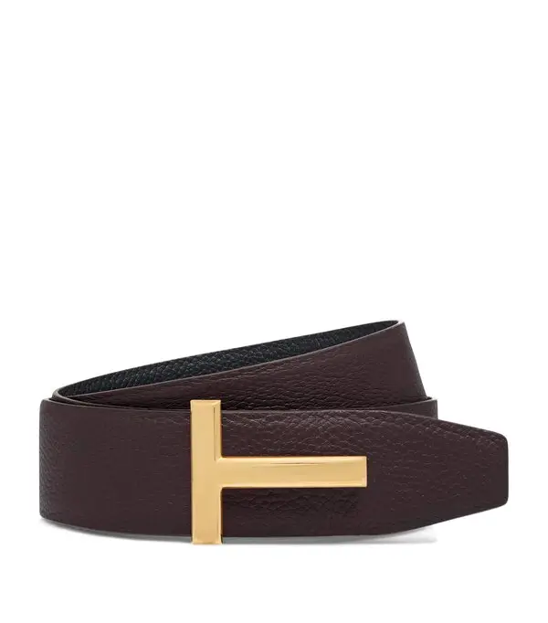 TOM FORD Leather Reversible T Icon Belt - Burgundy