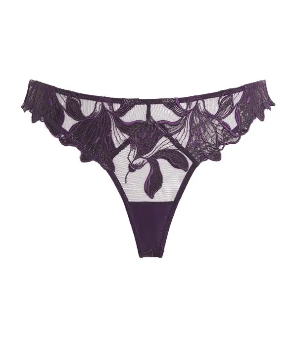 Fleur Du Mal Lily Embroidered Hipster Thong - Purple