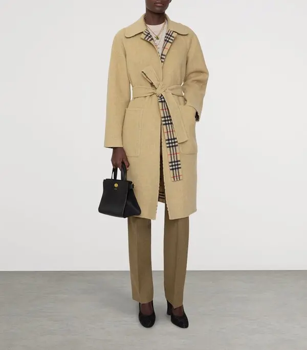 Burberry Wool Reversible Hooded Wrap Coat - Beige