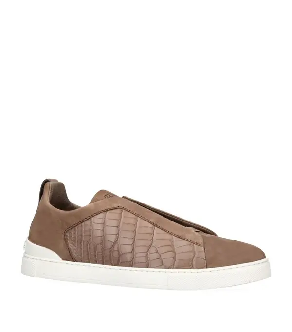 Zegna Crocodile Leather Triple Stitch Sneakers - Brown