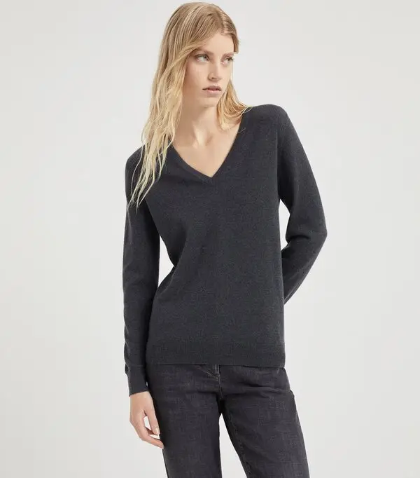 Brunello Cucinelli Cashmere Sweater With Monili Trim - Black