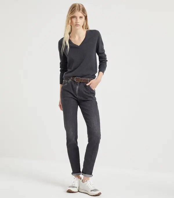 Brunello Cucinelli Cashmere Sweater With Monili Trim - Black