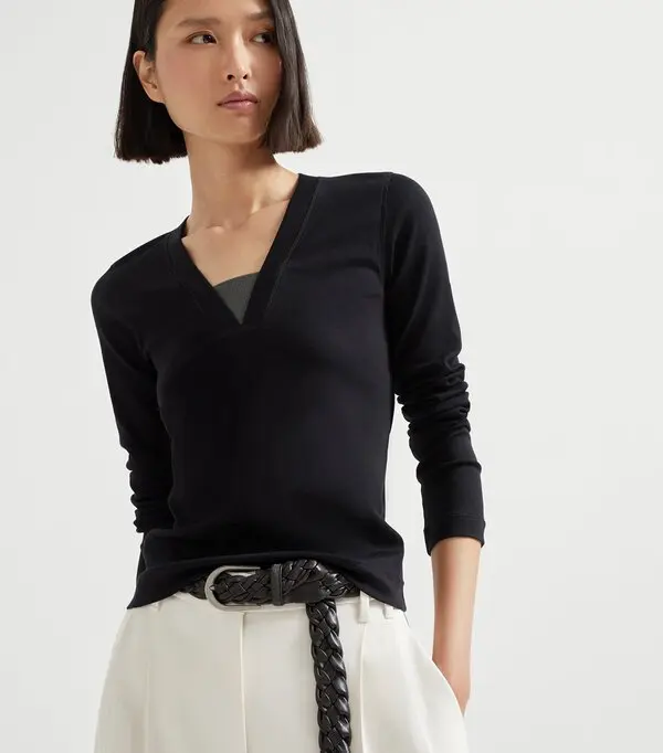 Brunello Cucinelli Stretch-cotton Monili-detail T-shirt - Black