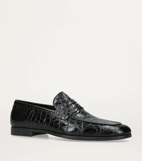 Magnanni Crocodile Leather Penny Loafers - Black