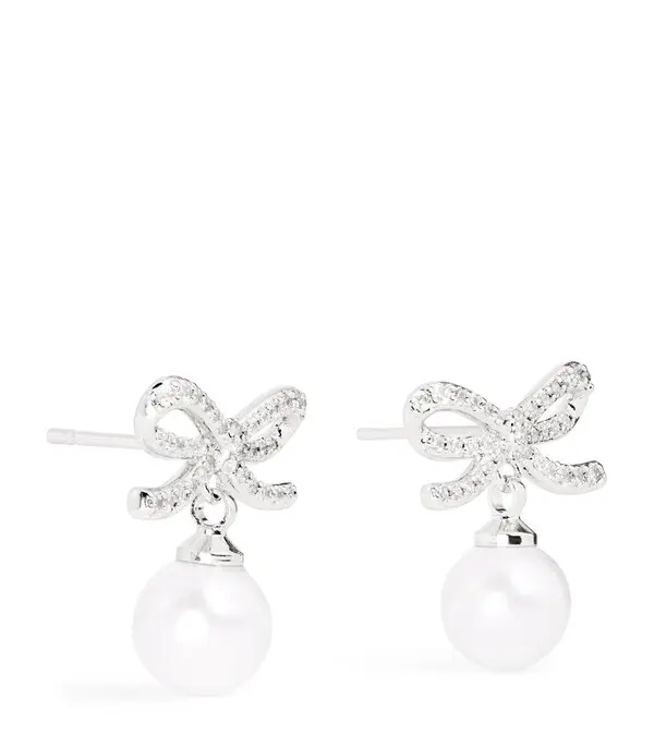 SELF-PORTRAIT Crystal And Faux Pearl Bow Drop Earrings - Silver