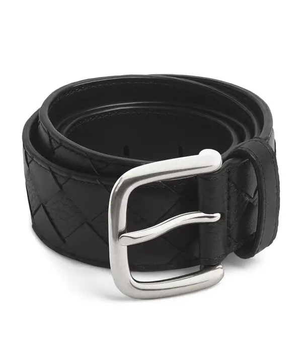 Bottega Veneta Grained Leather Intrecciato Belt - Grey