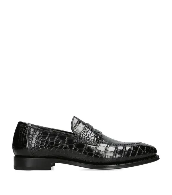Santoni Crocodile Skin Duke Penny Loafers - Black