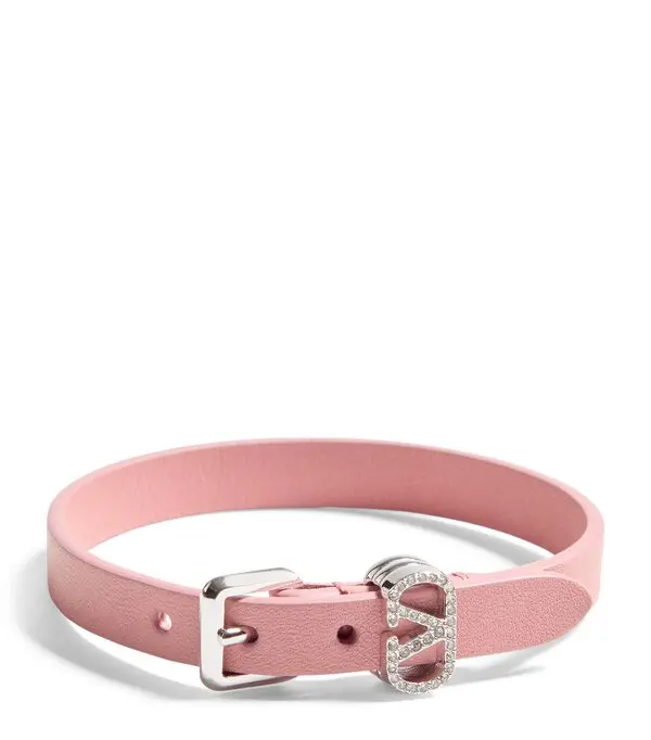 Valentino Garavani Leather Bracelet With Crystal Embellished Logo - Pink