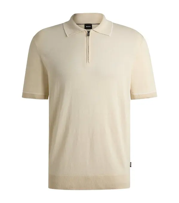 BOSS Linen-blend Zip Polo Shirt - White
