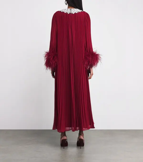 Self-Portrait Ostrich Feather-Trim Maxi Dress - Burgundy | Editorialist