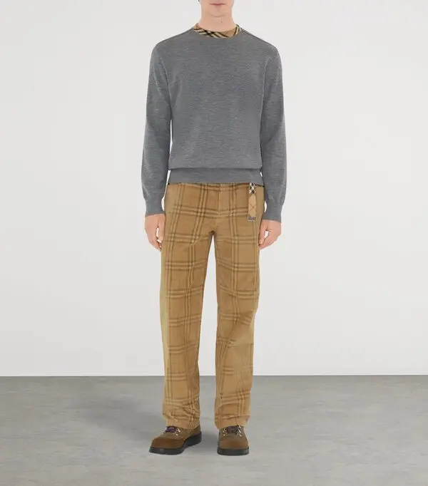 Burberry Wool Check-trim Crewneck Sweater - Grey