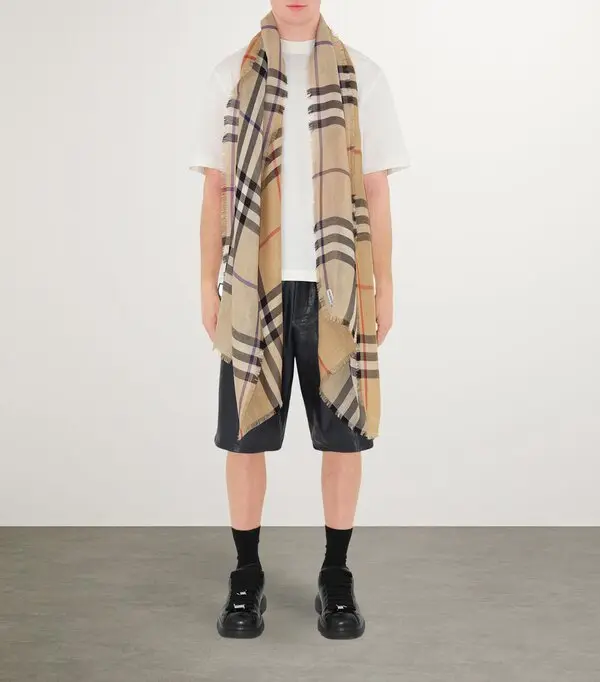 Burberry Wool-silk Reversible Check Scarf - Grey