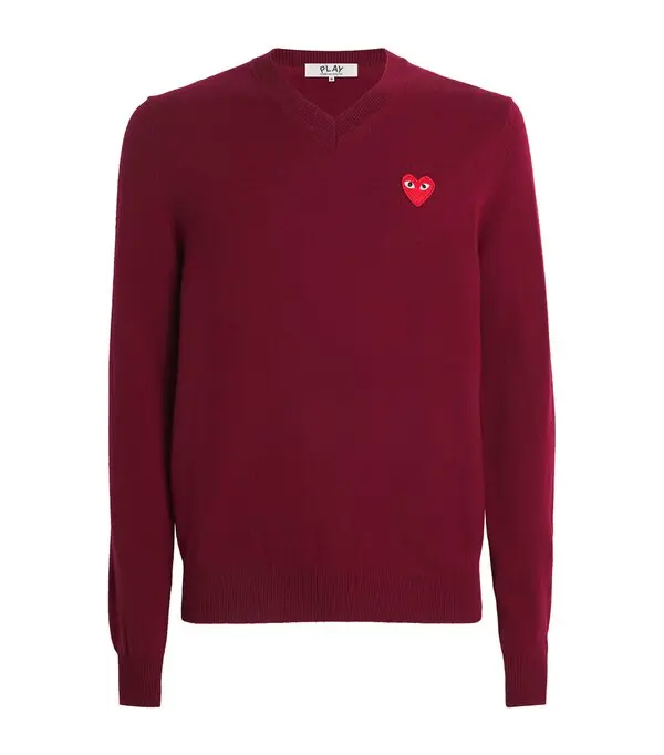 Play Comme Des Garcon Wool V-neck Sweater - Burgundy