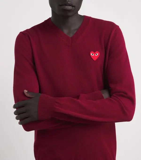 Play Comme Des Garcon Wool V-neck Sweater - Burgundy