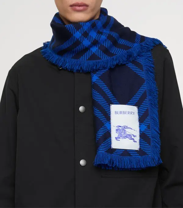 Burberry Wool-silk Wide Check Scarf - Blue