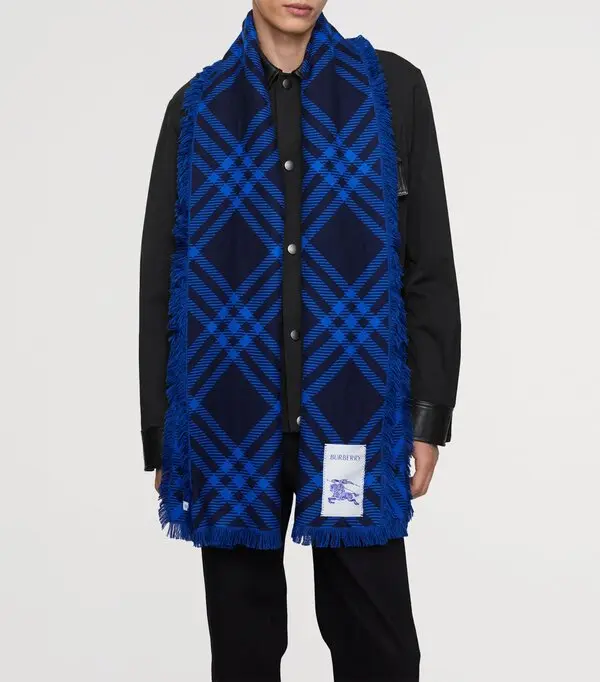Burberry Wool-silk Wide Check Scarf - Blue