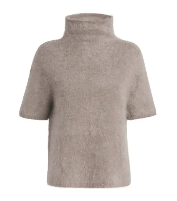 Soft Goat Brushed Cashmere Short-sleeve Sweater - Beige