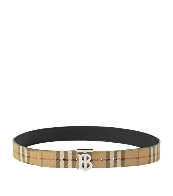 Burberry Leather And Check Reversible Tb Belt - Beige