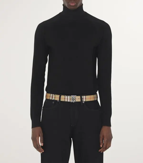 Burberry Leather And Check Reversible Tb Belt - Beige