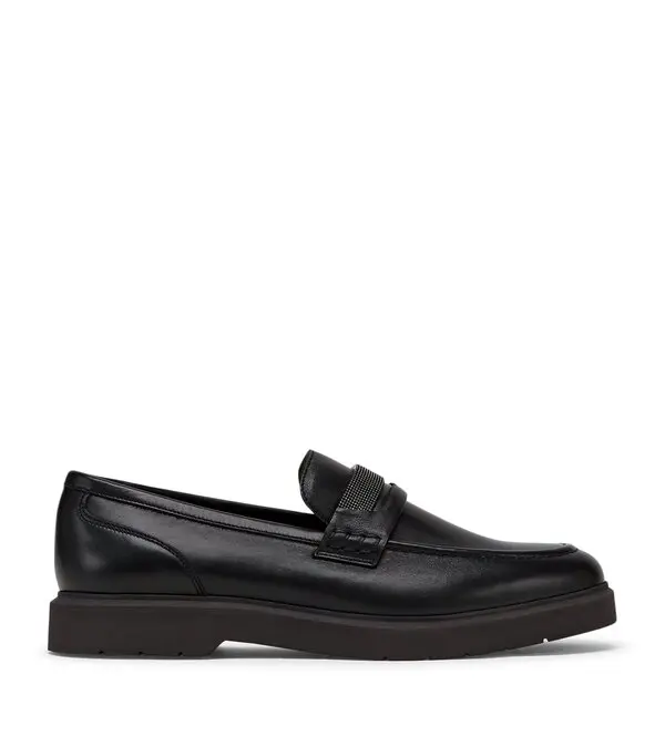 Brunello Cucinelli Leather Penny Loafers With Monili Detailing - Black