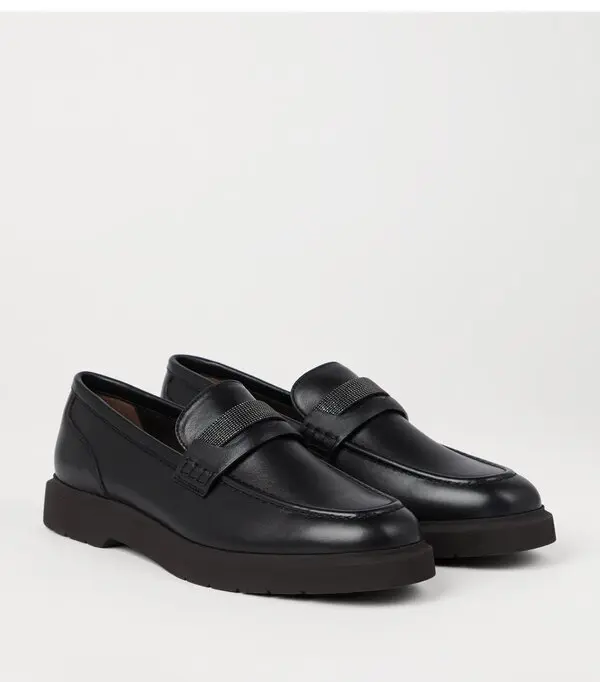 Brunello Cucinelli Leather Penny Loafers With Monili Detailing - Black