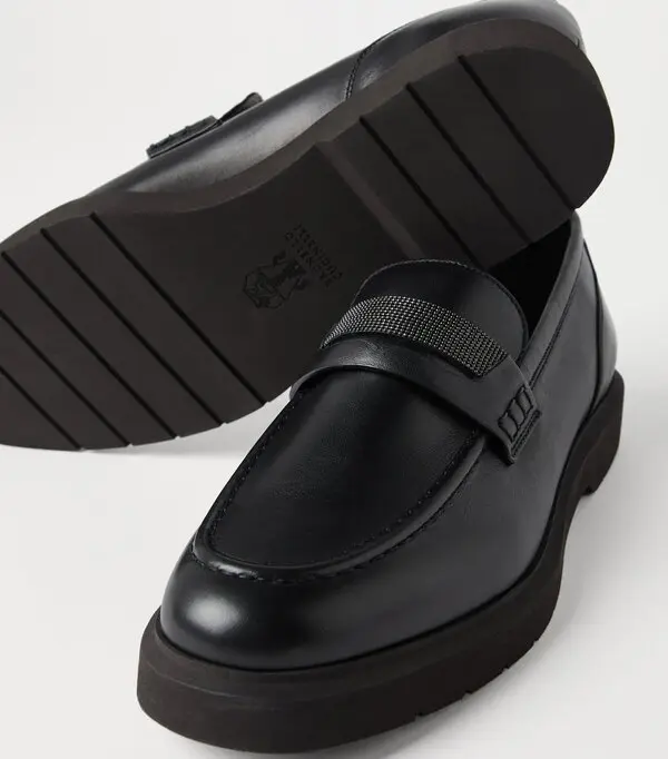 Brunello Cucinelli Leather Penny Loafers With Monili Detailing - Black