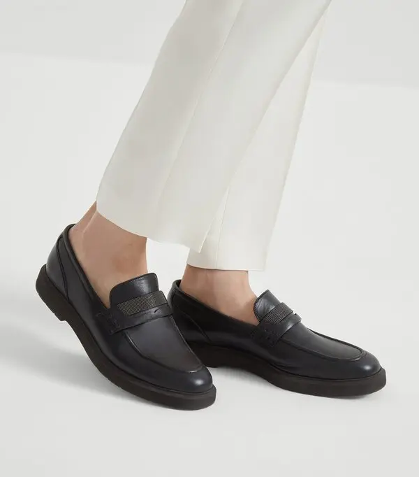 Brunello Cucinelli Leather Penny Loafers With Monili Detailing - Black