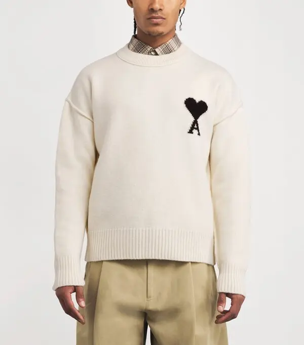 Ami Wool Sweater With Logo - Beige