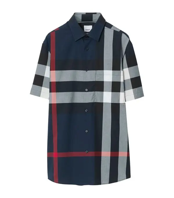 Burberry Cotton Enlarged-check Short-sleeve Shirt - Navy