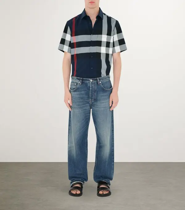 Burberry Cotton Enlarged-check Short-sleeve Shirt - Navy