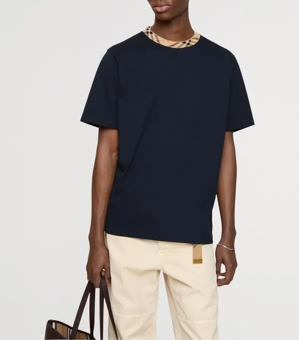 Burberry Cotton Check-neckline T-shirt - Navy