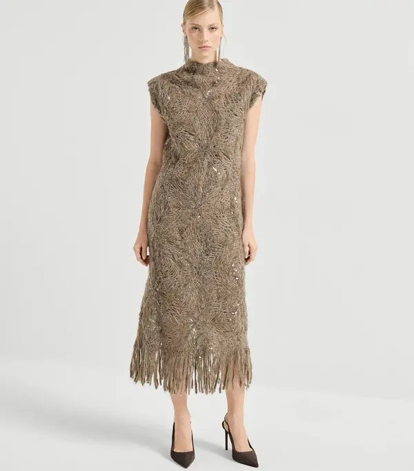 Brunello Cucinelli Mohair-blend Embellished Midi Dress